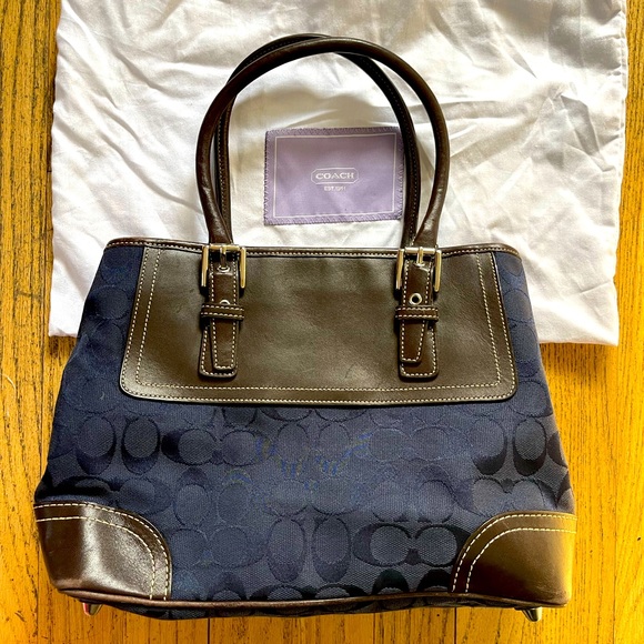 Coach | Bags | Signature Blue Coach Fabric Pocketbook With Brown ...
